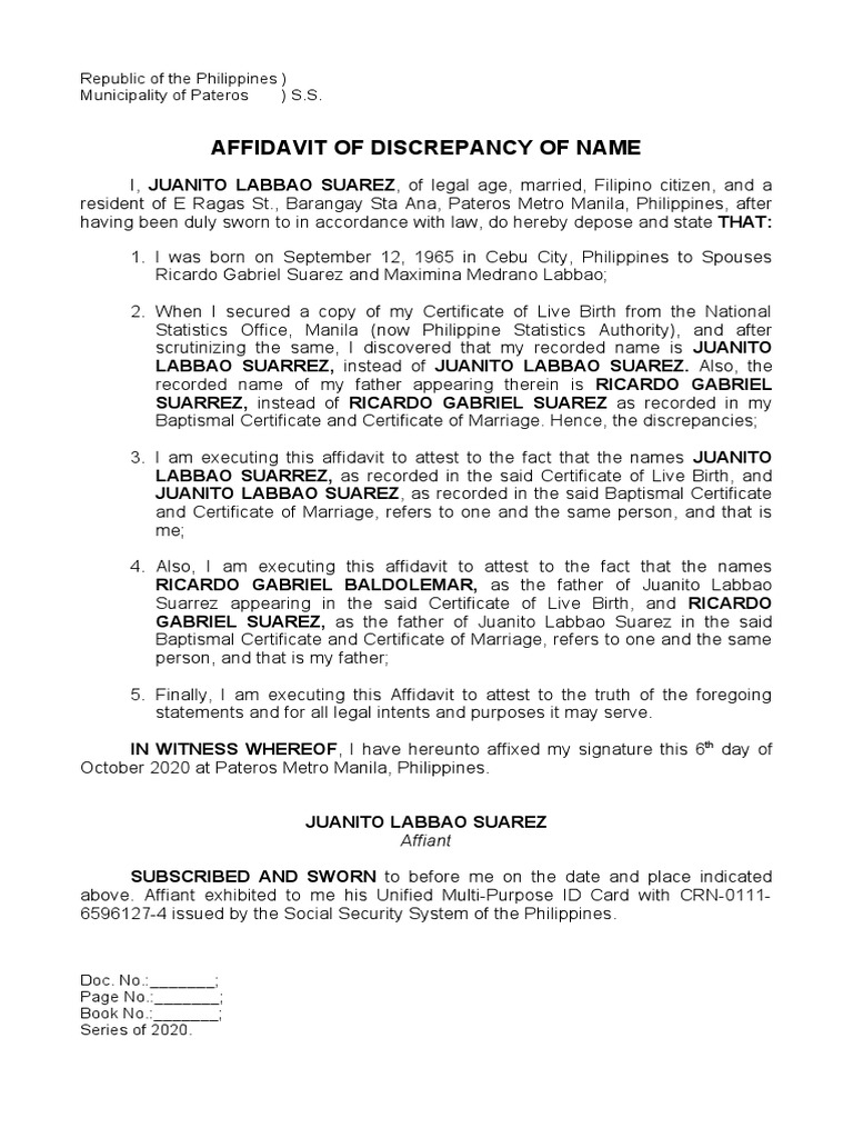 Affidavit of Discrepancy of Name: Republic of The Philippines ...
