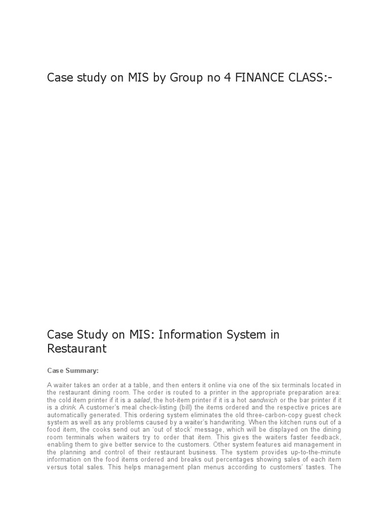 MIS Case Study in Restaurant Operations | PDF | Management Information ...