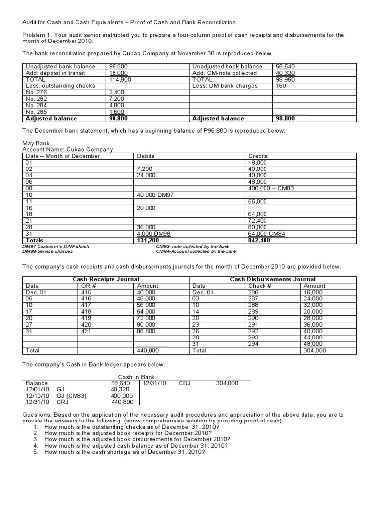 Problems For Proof of Cash and Bank Recon | PDF | Cheque | Payments