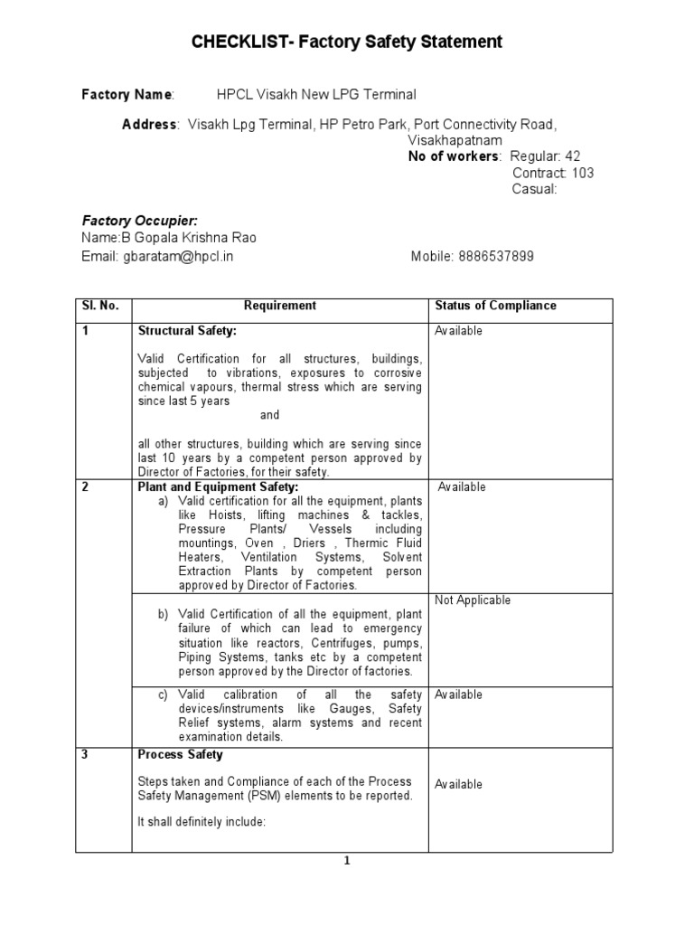 Checklist - Factory Safety Statement | PDF | Emergency Management ...