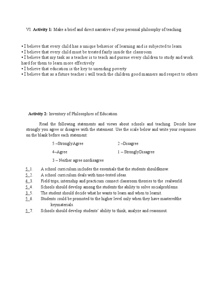 Activity 2: Inventory of Philosophies of Education | PDF | Philosophy ...