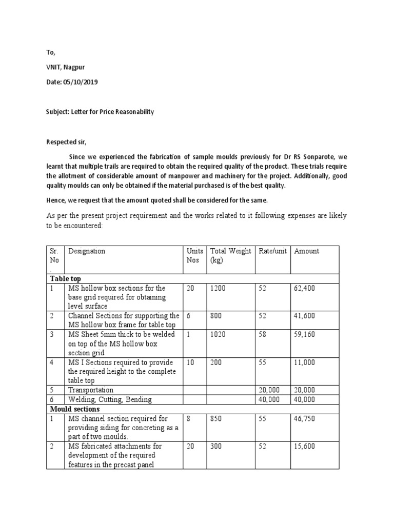 010 Vendor's Letter For Price Reasonability | PDF | Economic Sectors ...