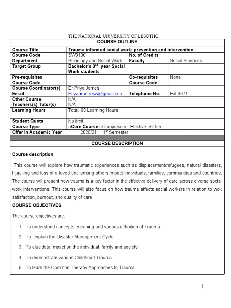 SW 3108 - Trauma Informed Social Work Course Outline 2019 | PDF ...