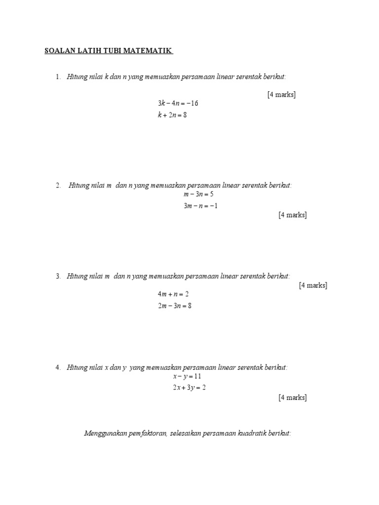 LATIH TUBI MATEMATIK Persamaan Linear Serentak Ting 4 | PDF