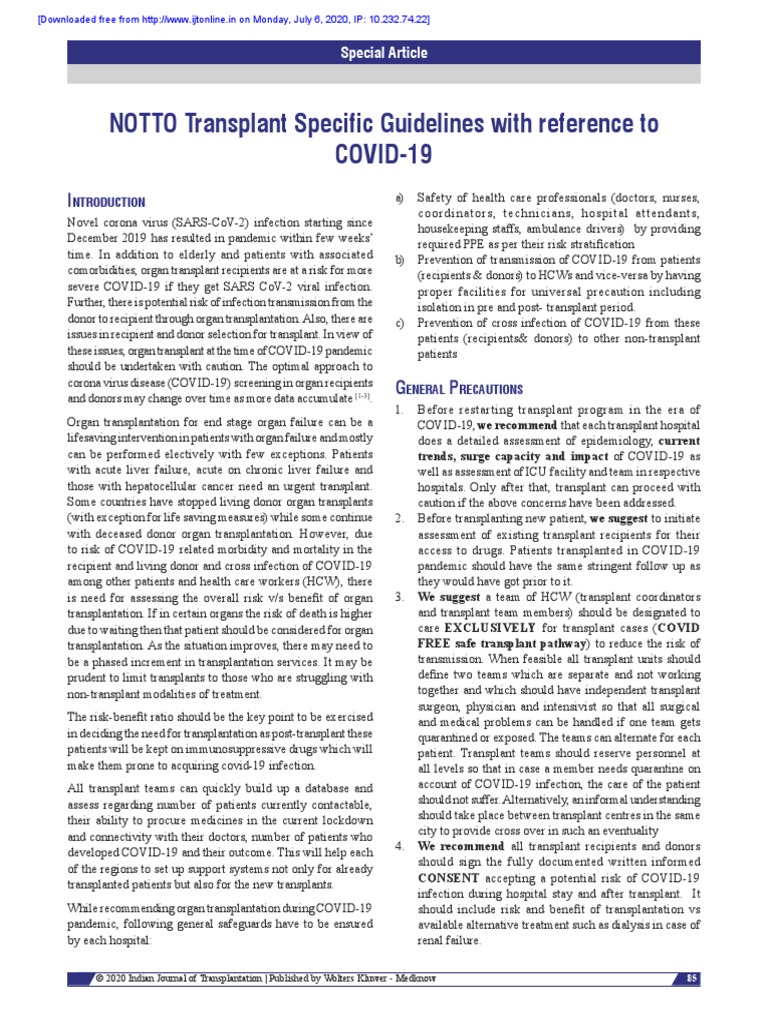 NOTTO Transplant Specific Guidelines With Reference To COVID-19 | PDF ...