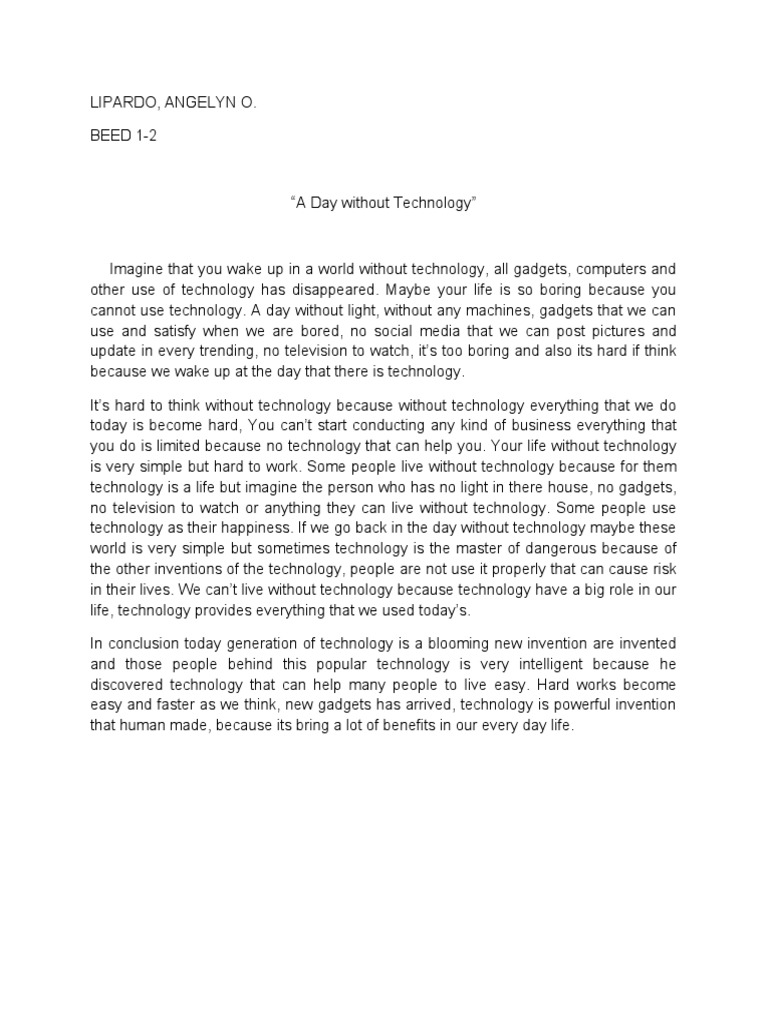 A Day Without Technology (ANGELYN O. LIPARDO) | PDF