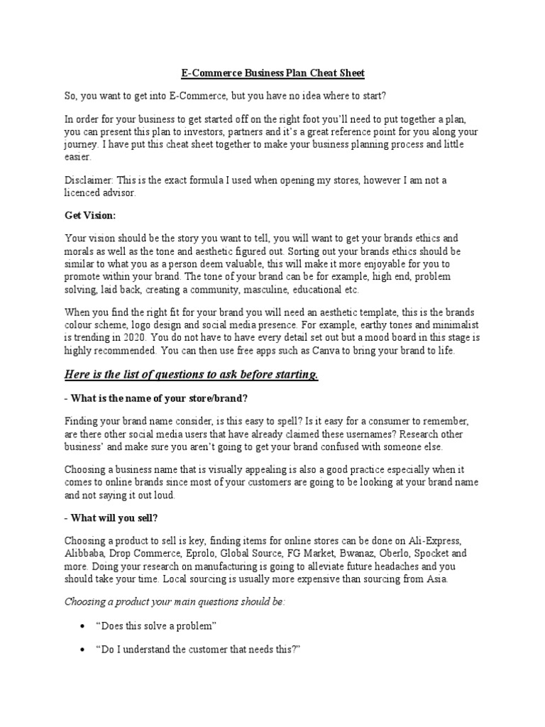 E-Commerce Business Plan Cheat Sheet 2.0 | PDF | Brand | Marketing
