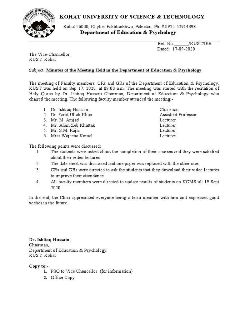 6 Minute Of The Departmental Meeting For Online Classes 08 9 20 Pdf