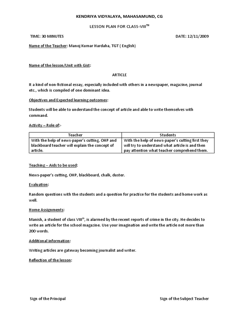 Class 8 Article Writing Lesson | PDF