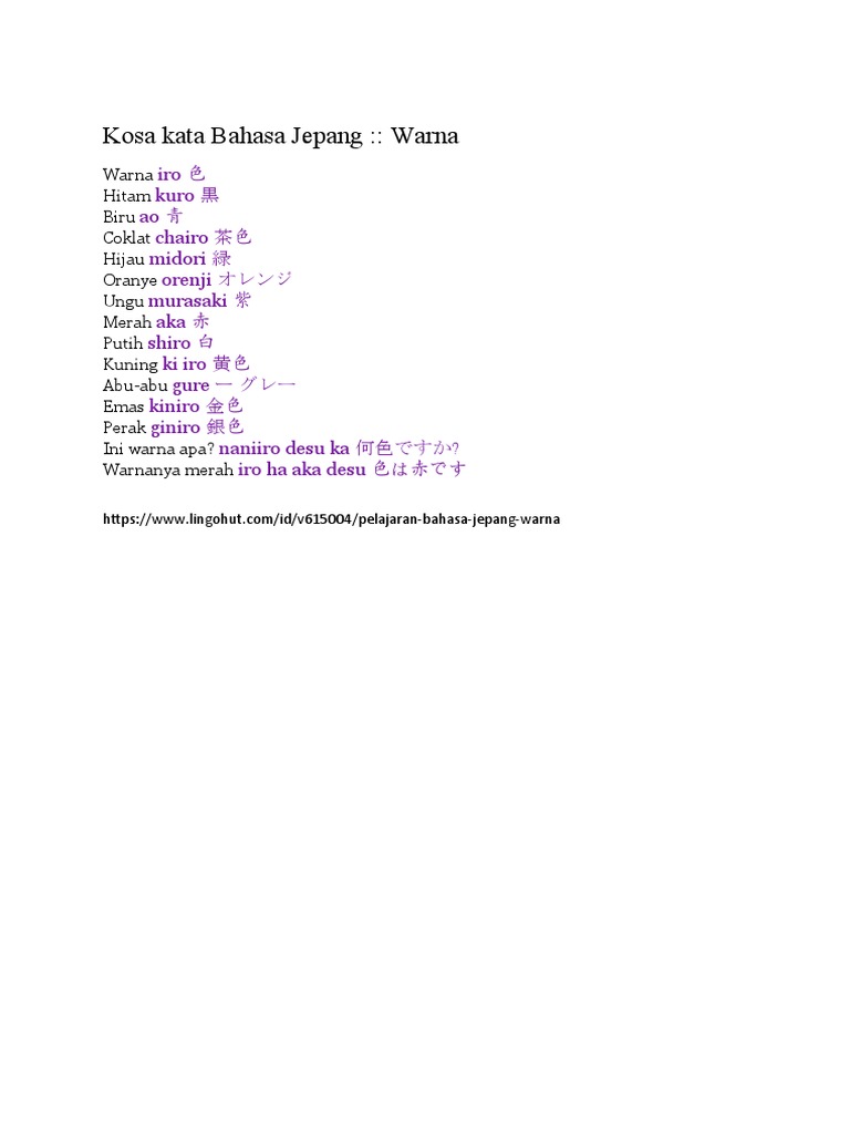 Kosa Kata Bahasa Jepang Iro (Warna) | PDF
