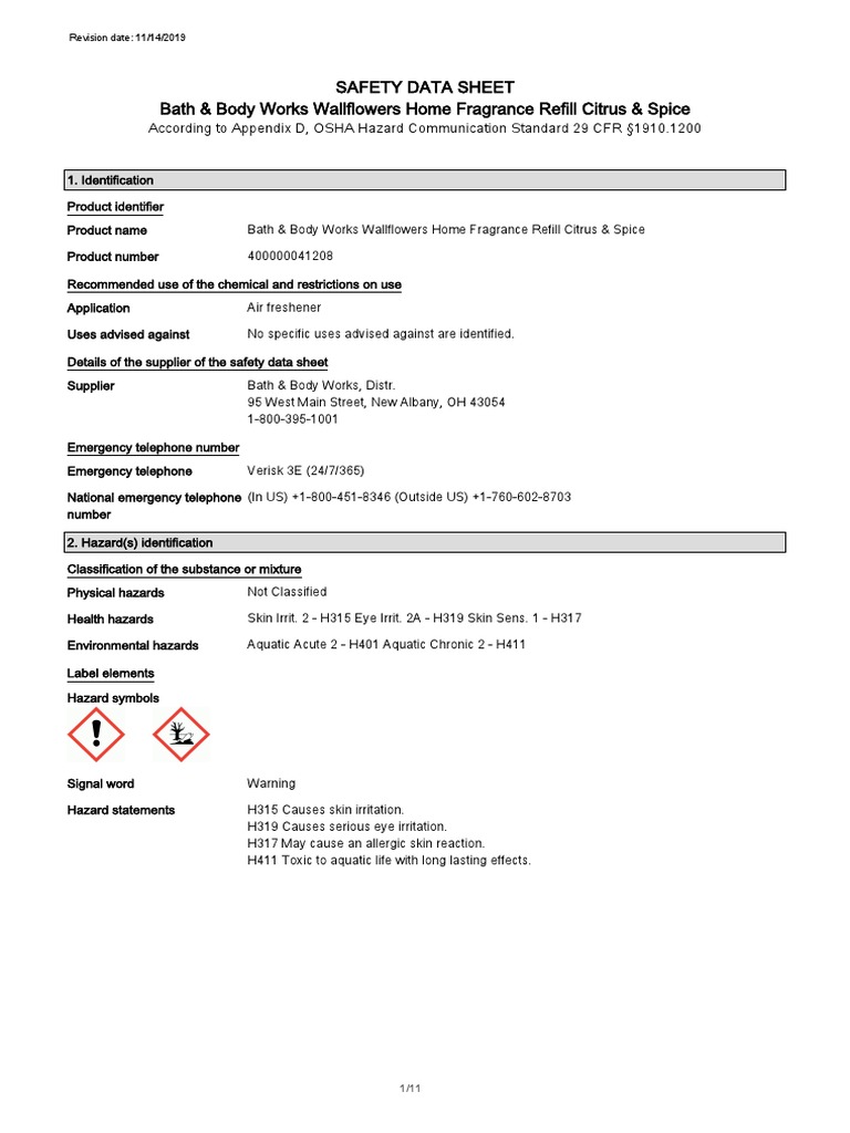 Safety Data Sheet Bath & Body Works Wallflowers Home Fragrance Refill ...