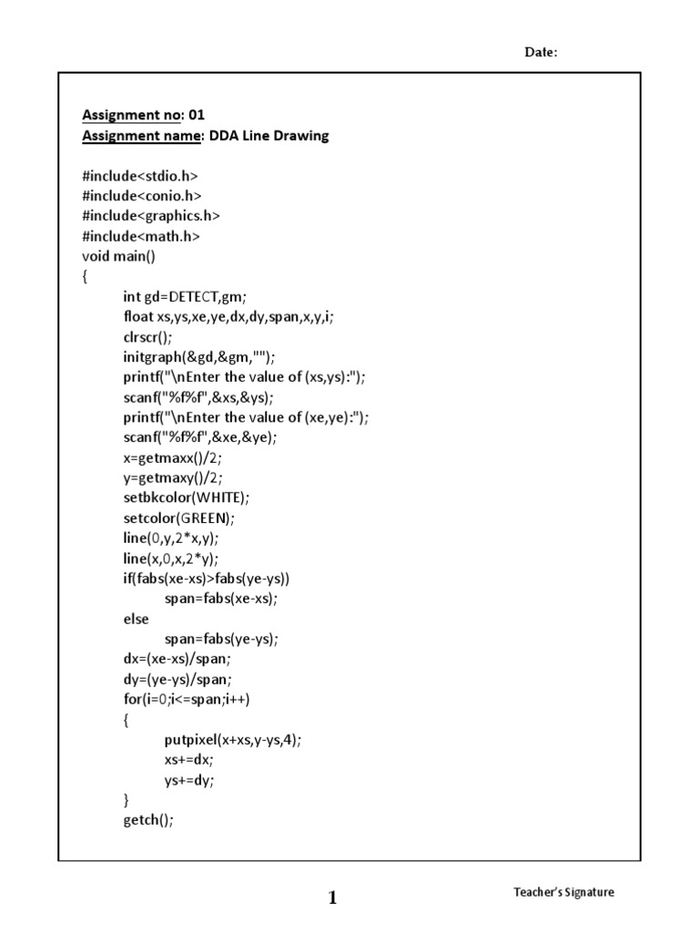 Assignment No: 01 Assignment Name: DDA Line Drawing: Date | PDF ...