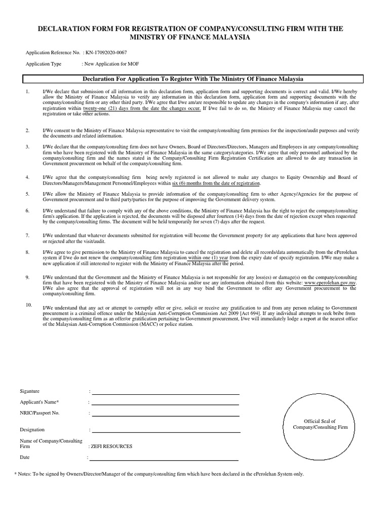 Declaration Form For Registration of Company/Consulting Firm With The Ministry of Finance ...