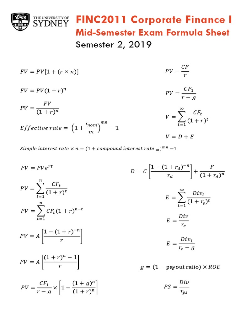 FINC2011 Exam Formula Sheet | PDF | Business