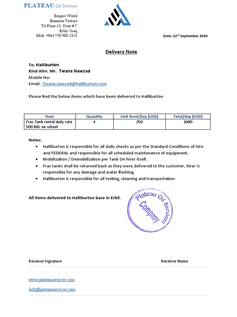 Delivery Note: To: Kind Attn. MR | PDF