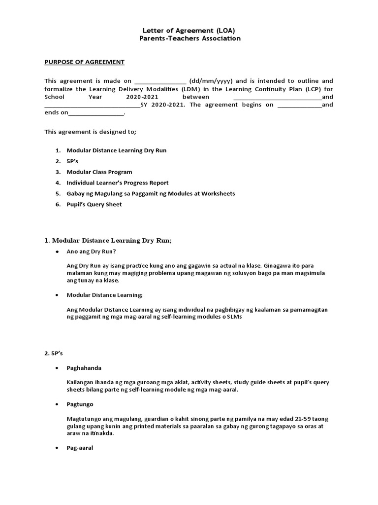 SHS Modular Distance Learning Letter of Agreement Template | PDF