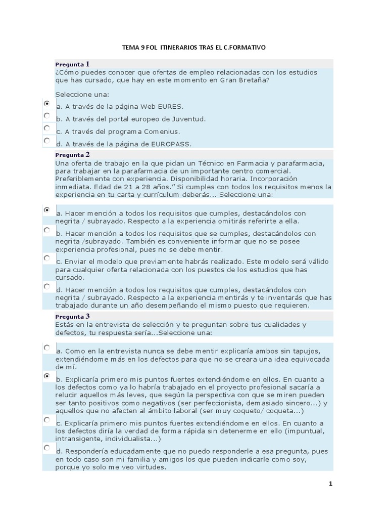 Examen 123 TEMA 9 FOL ITINERARIOS TRAS EL C | PDF | Búsqueda de empleo | Business