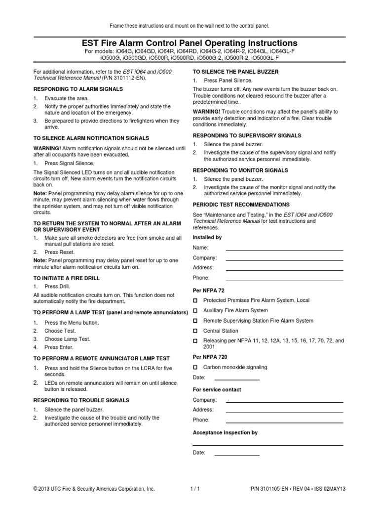 EST Fire Alarm Control Panel Operating Instructions PDF | PDF | Hazards ...