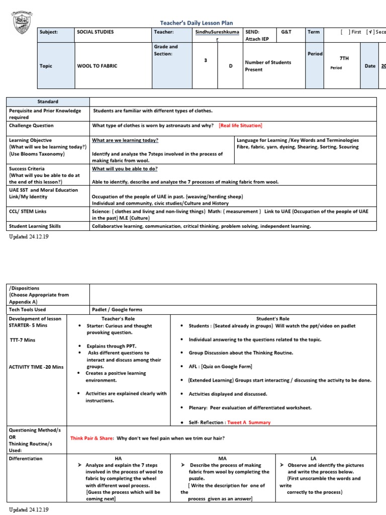 Daily Social Studies Lesson Plan: Wool to Fabric | PDF | Textiles ...