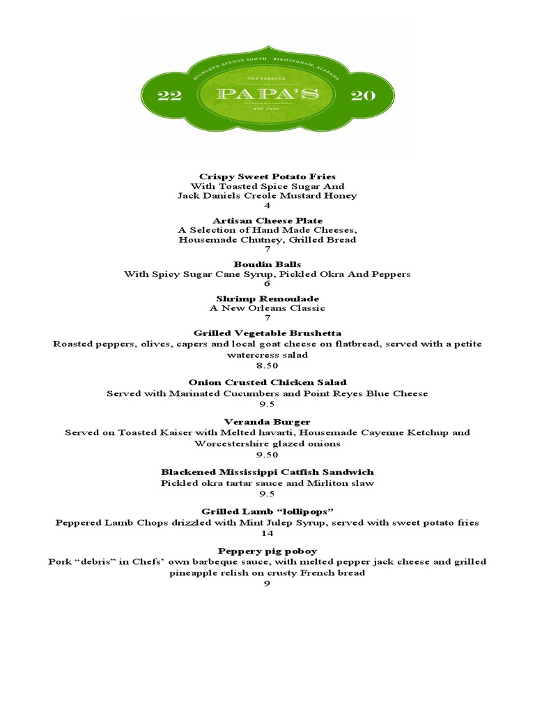 Veranda Papa's Bar Menu | PDF