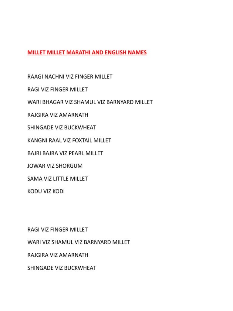 Millet Names in Marathi | PDF | Sports & Recreation | Cooking, Food & Wine