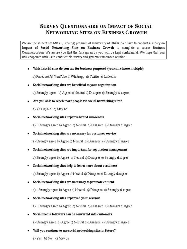 Survey Questionnaire On Impact of Social Networking Sites On Business ...