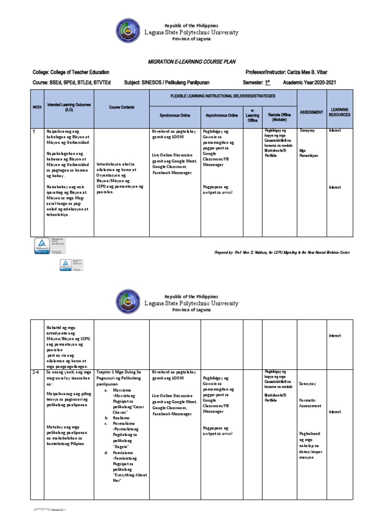 Sinesos Course Plan | PDF