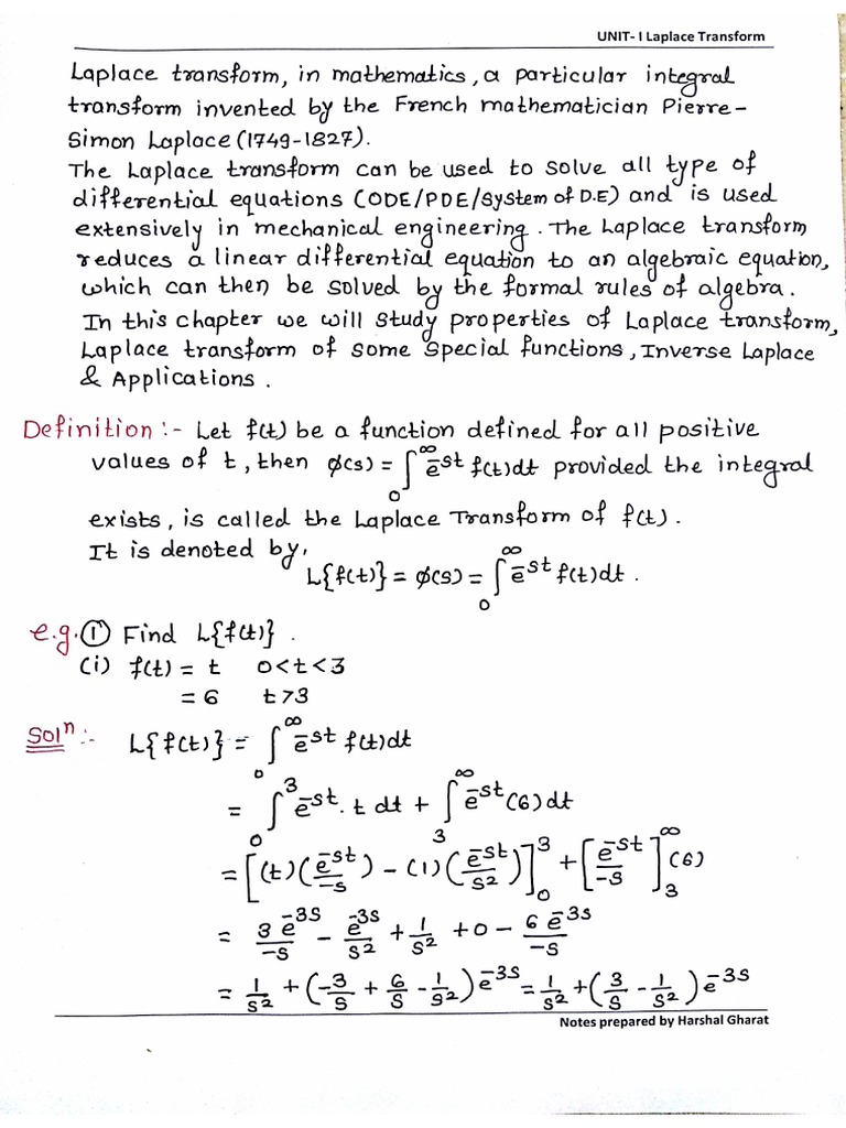 Laplace Transform - Unit I Notes 2 PDF | PDF