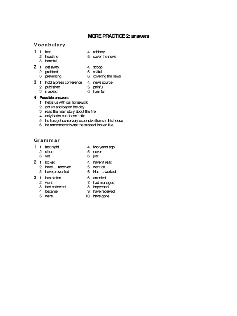 MORE PRACTICE 2: Answers: Vocabulary | PDF