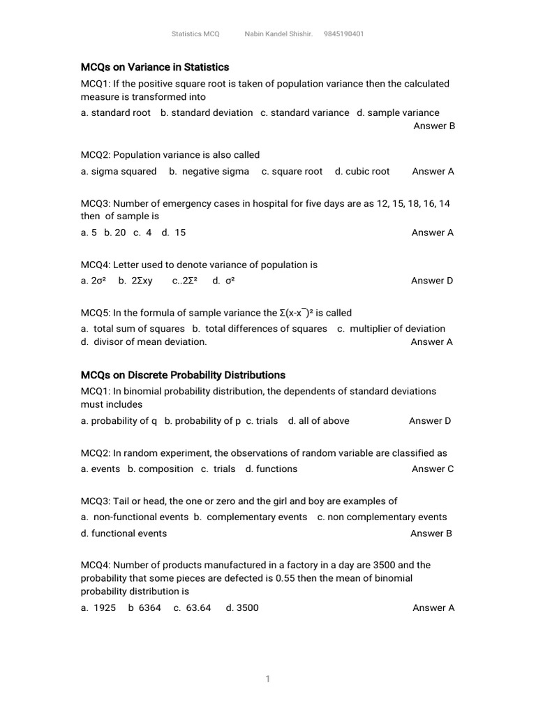 Statistics MCQs for Variance and Dispersion | PDF
