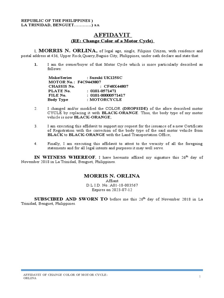 Affidavit Change Color M.CYCLE-MORRIS ORLINA | PDF | Affidavit | Transport