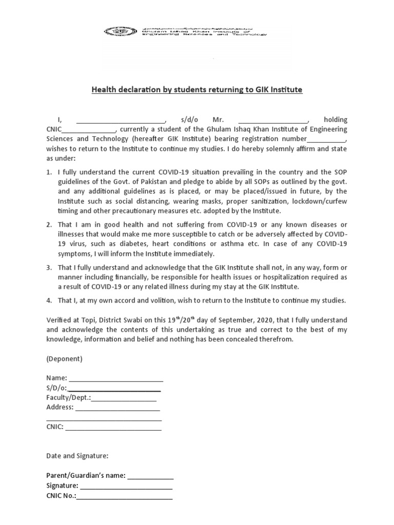 Student Health Declaration - Reopening | PDF