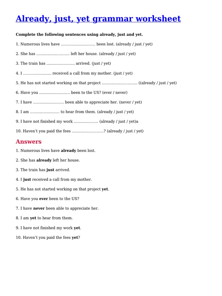 Already, Just, Yet Grammar Worksheet: Answers | PDF