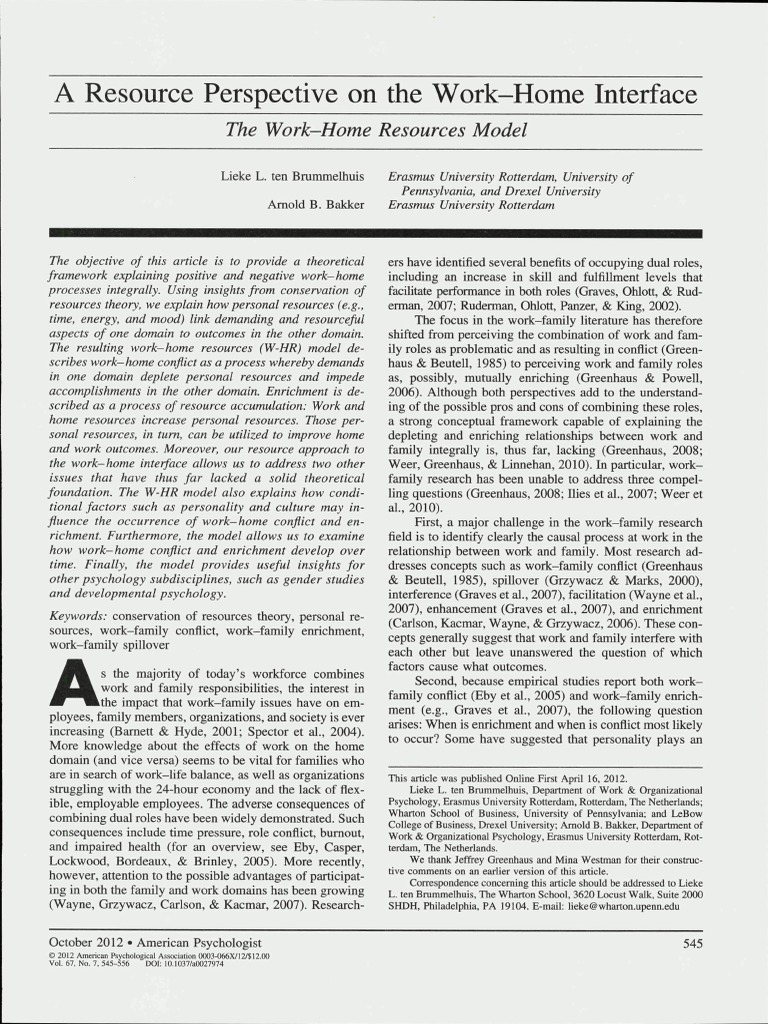A Resource Perspective On The Work-Home Interface The Work-Home ...