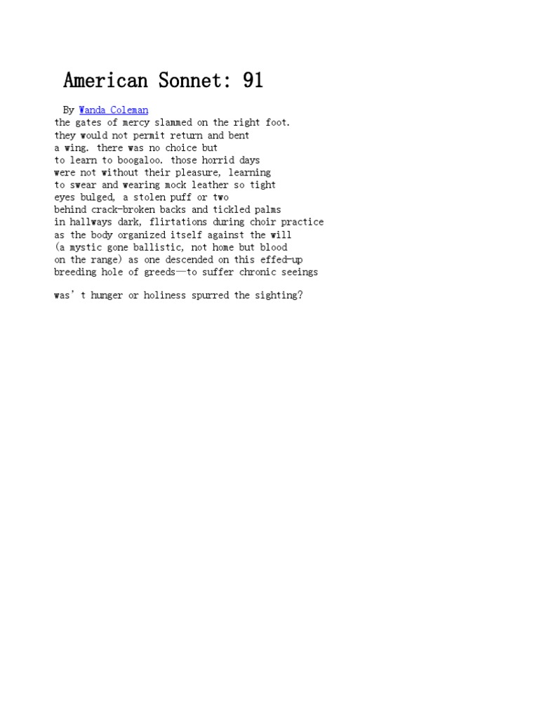 Wanda Coleman's American Sonnet 91 Analysis | PDF | History | Young Adult