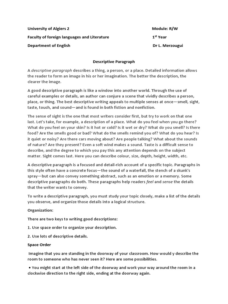 Descriptive Paragraph PDF | PDF | Senses | Classroom