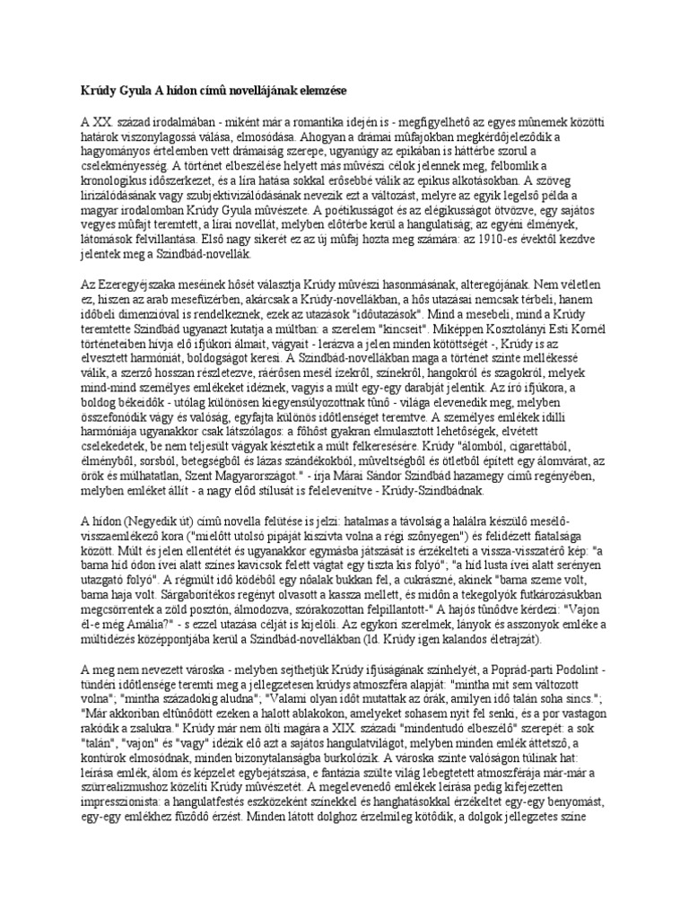 Krúdy Gyula A Hídon Címû Novellájának Elemzése | PDF