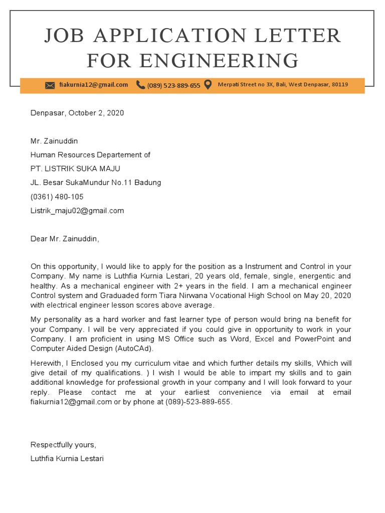 Luthfia's Job Application Letter For Electrical Engineer | PDF | Business