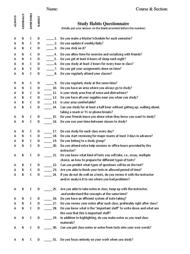 Name: Course & Section:: Study Habits Questionnaire | PDF | Test ...