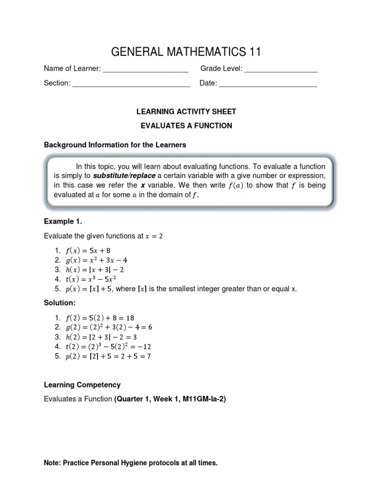 Evaluating Various Functions: Exercises on Evaluating Functions ...