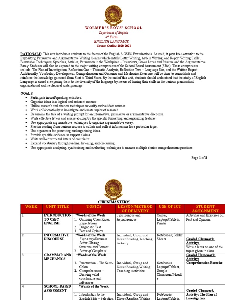 CSEC English A Course Outline 2020-2021 | PDF | Résumé | Reading ...