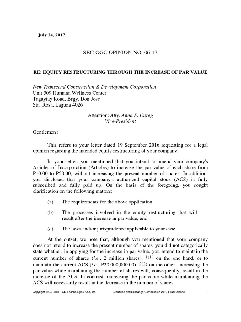 SEC Opinion No. 06-17 Equity Restructuring Through The Increase of Par ...