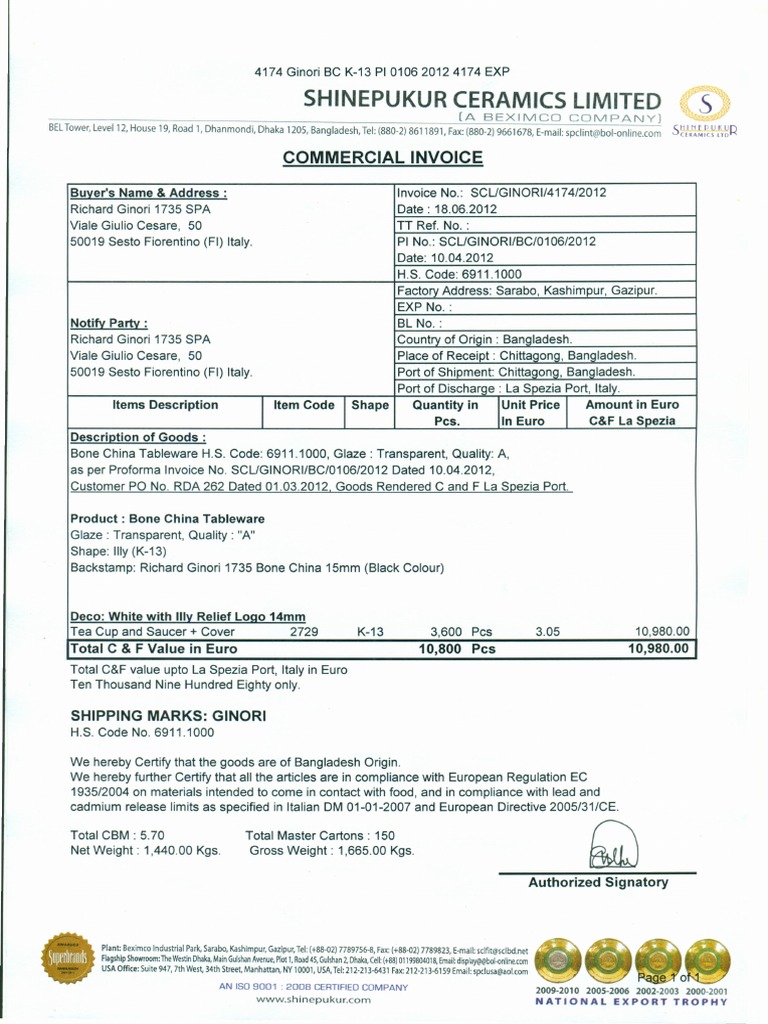 Commercial Invoice-106-2012 | PDF | Ceramic Art | Business