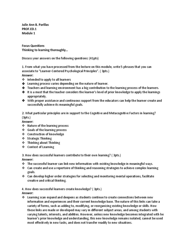 Focus Questions Module 1 Profed 1 | PDF | Metacognition | Learning