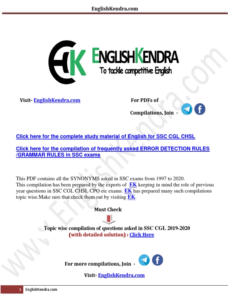 SSC CGL Synonyms Compilation PDF | PDF | Superstitions | Psychological ...