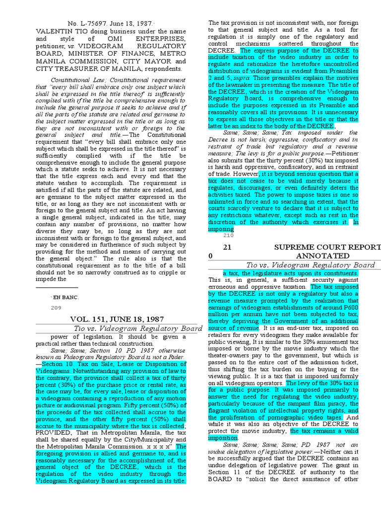 21 0 Supreme Court Reports Annotated: Tio vs. Videogram Regulatory ...