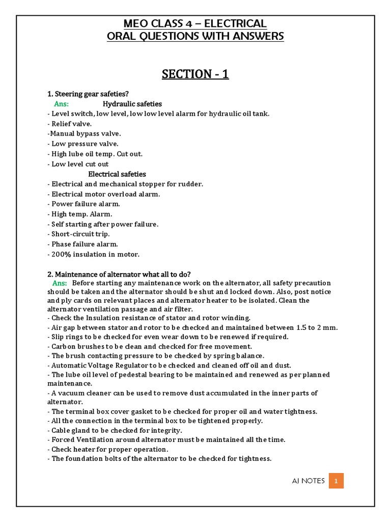 Section - 1: Meo Class 4 - Electrical Oral Questions With Answers | PDF ...