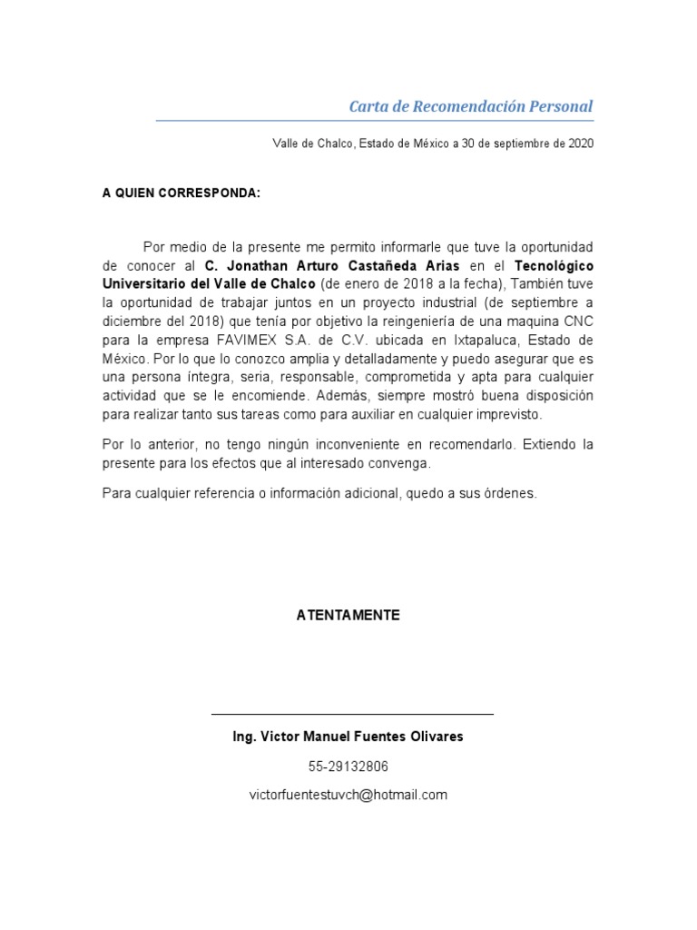 Carta de Recomendación Jonathan | PDF