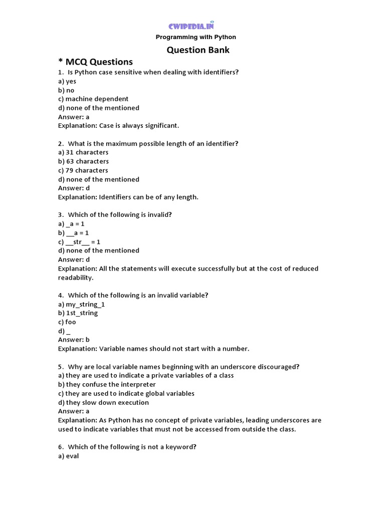 Question Bank MCQ Questions: Programming With Python | PDF | Python (Programming Language ...