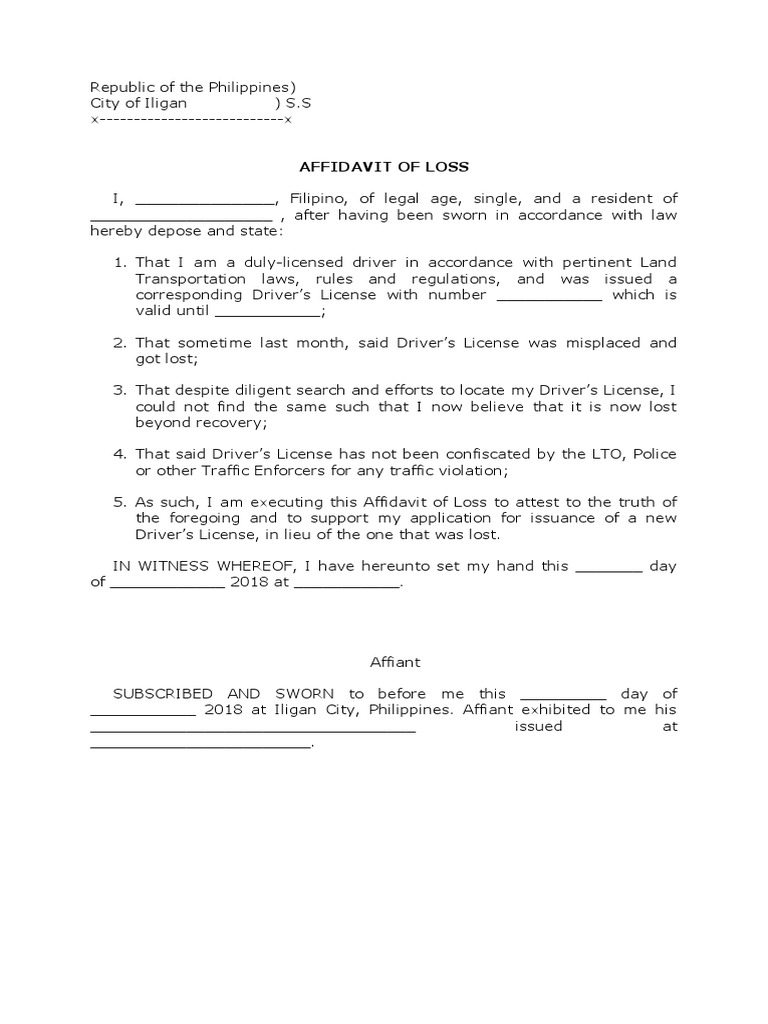 Affidavit of Loss - Driver's License (Template) | PDF